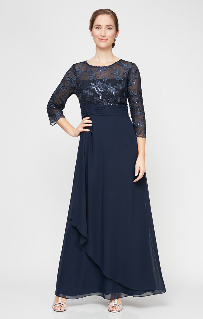 Regular - Gown with Embroidered Sequin Bodice, Pleated Waist & Cascade