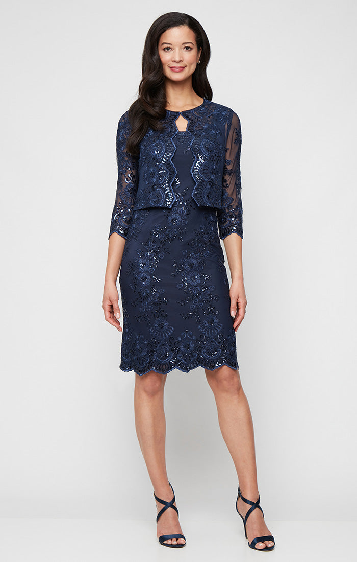 Regular - Stretch Embroidery Sheath Dress with Bolero Jacket