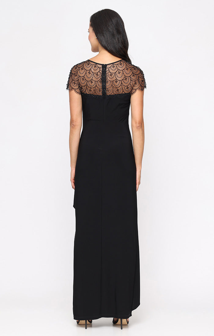 Long Matte Jersey Dress with Cascade Ruffle Skirt and Heat Set Illusio