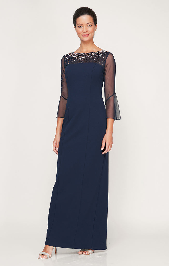 Column Stretch Crepe Gown with Heat Set Illusion Neckline & Bell Sleev