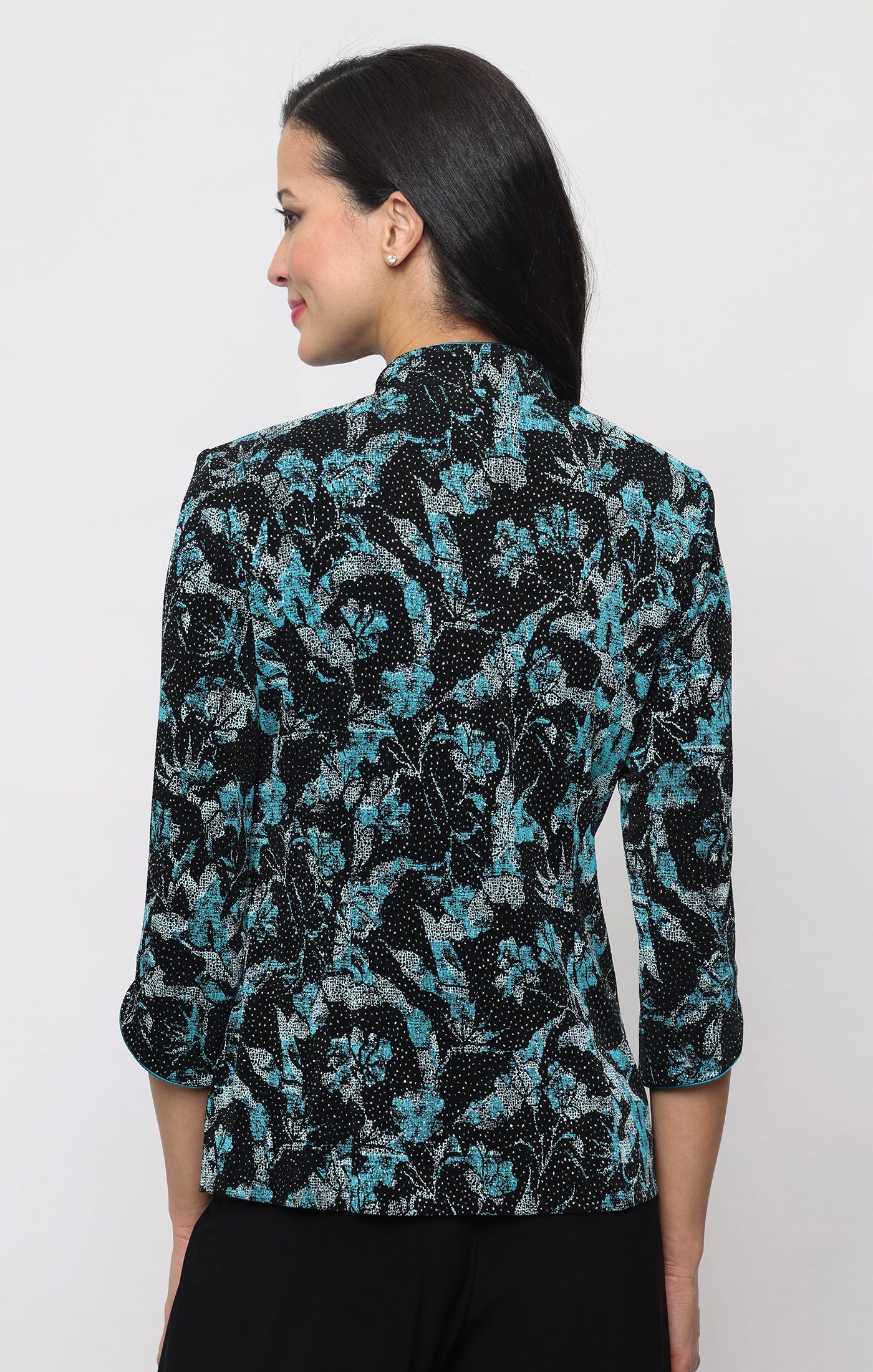 Petite Printed Glitter Knit Twinset With Mandarin Neck