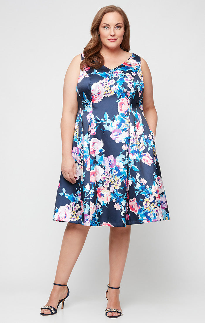Plus - Midi Sleeveless Printed Stretch Faille A-Line Dress with V-Neck