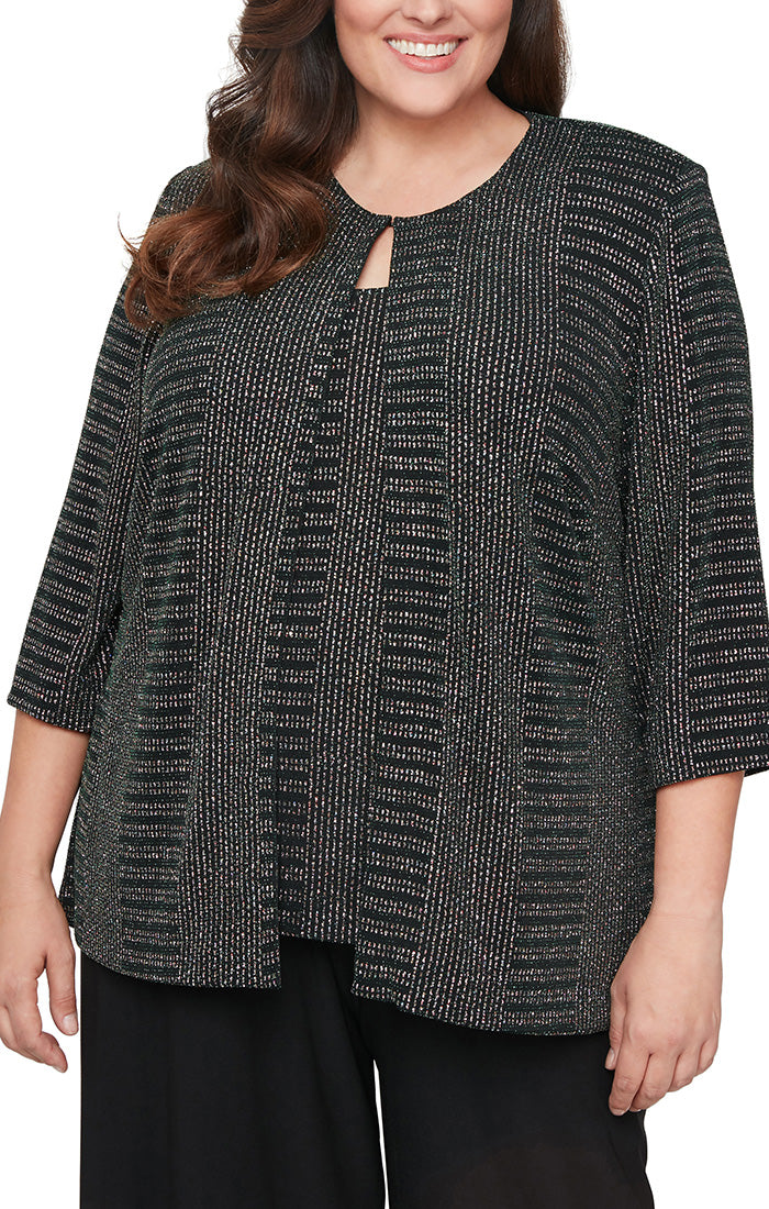Plus - Printed Twinset With Hook Neck Closure Jacket and Scoop Neck Ta